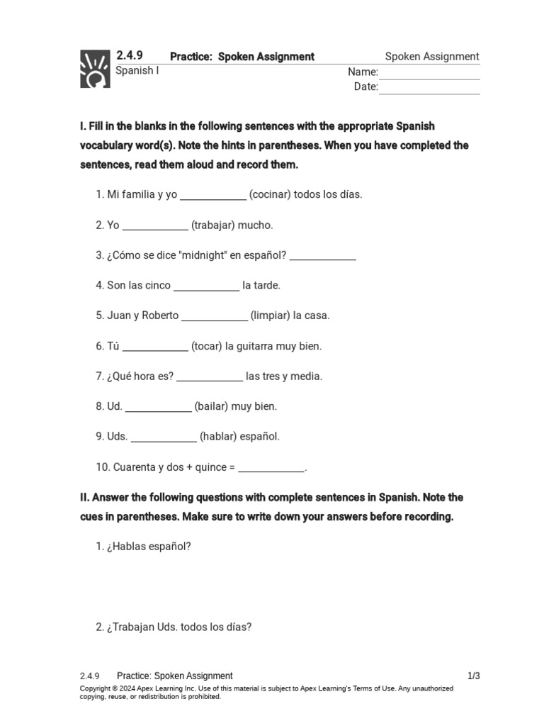 2.4.9 Practice - Spoken Assignment (Spoken Assignment) | PDF