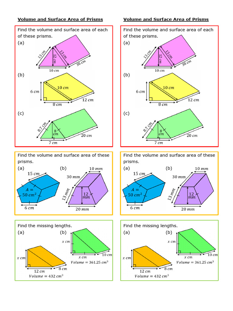 Volume and Surface Area of Prisms Practice Strips (1) | PDF