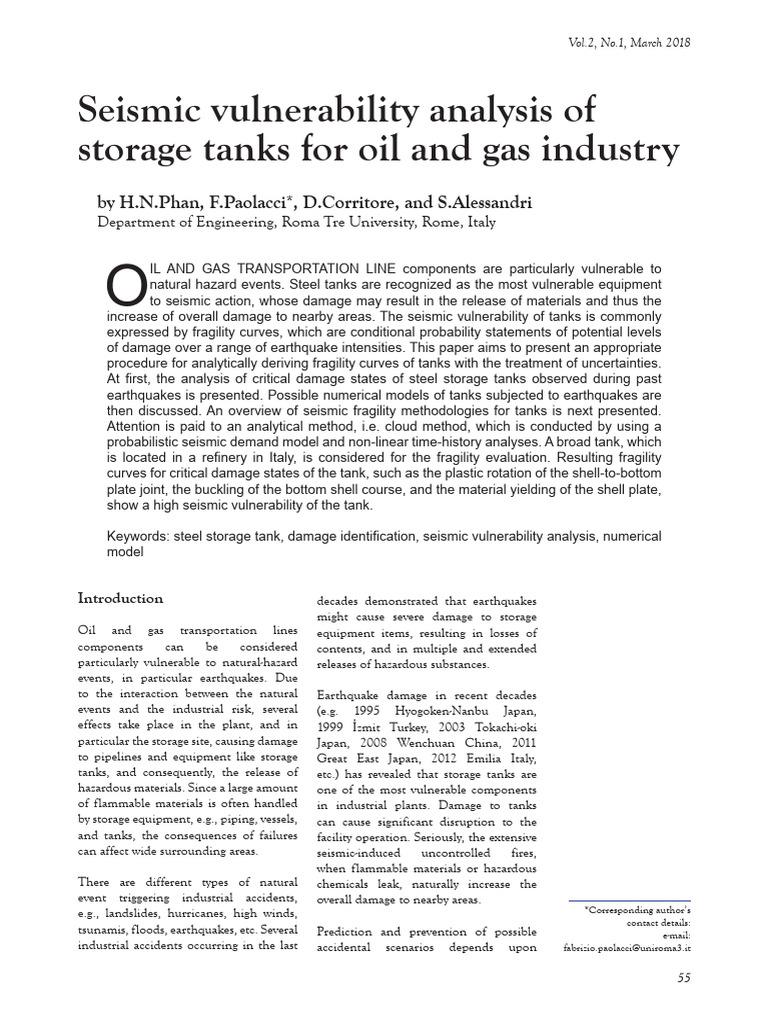 Seismic Vulnerability Analysis of Storage Tanks For Oil and Gas ...