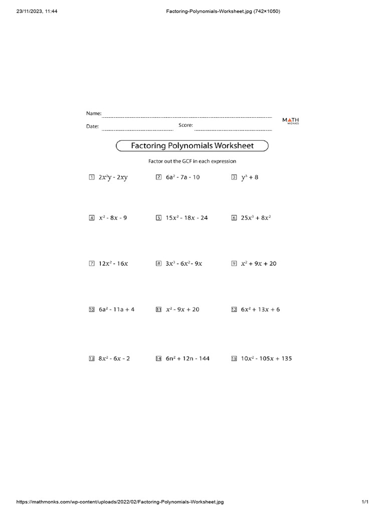 Factoring Polynomials Worksheet | PDF