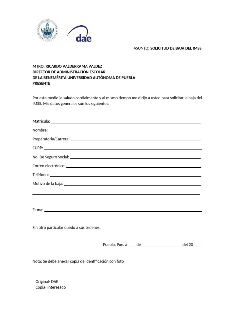 Solicitud Baja IMSS BUAP | PDF