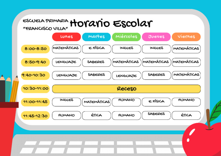 Horario Escolar Ilustrado Colorido | PDF