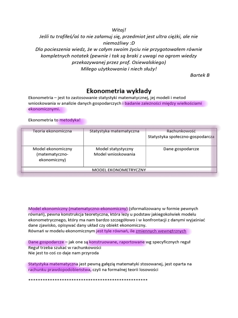 Ekonometria Notatki - 202502051642 - 32348 - 044414 | PDF