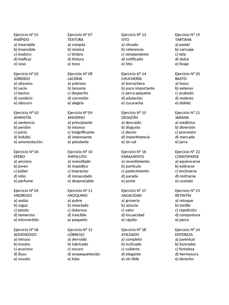 Sinónimos: Ejercicios de Vocabulario | PDF