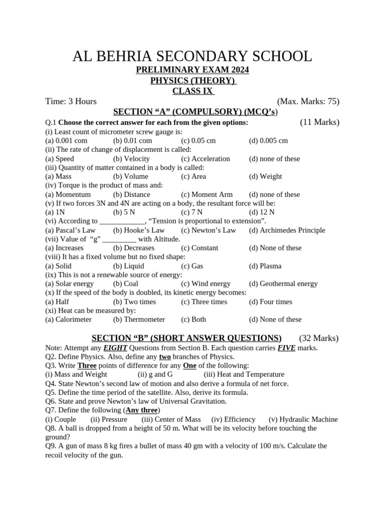 CLASS 9 Physics Behria | PDF | Force | Mass
