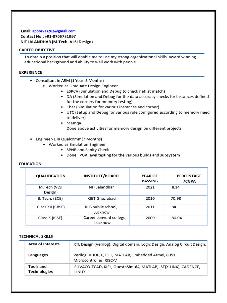 Apoorva Srivastava Resume - 240120 - 153401 | PDF | Mosfet | Field Programmable Gate Array