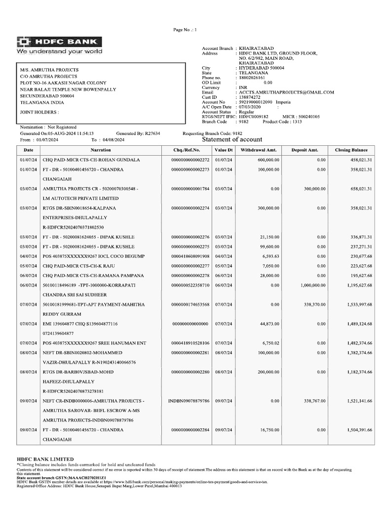 HDFC Bank Statement | PDF
