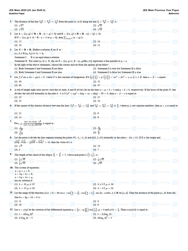 JEE Main 2025 Shift 2 Question Paper | PDF | Geometry | Mathematical ...