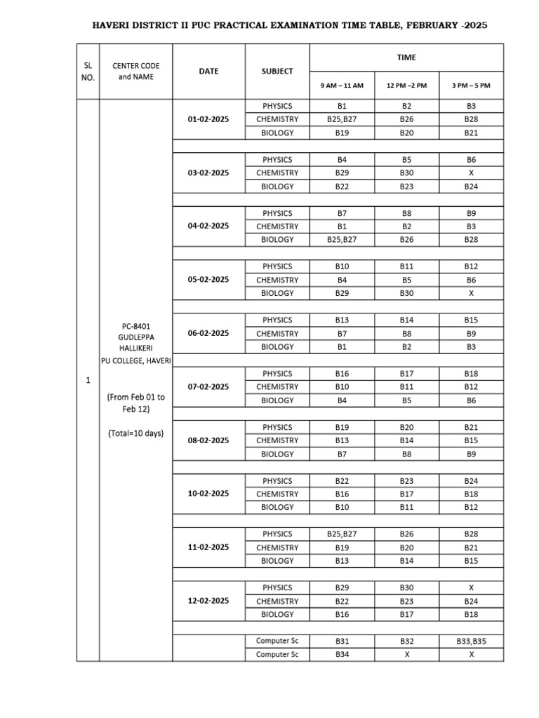 Haveri District 2nd Puc Practical Time Table 2025-1 | PDF | Physical Sciences | Natural Sciences