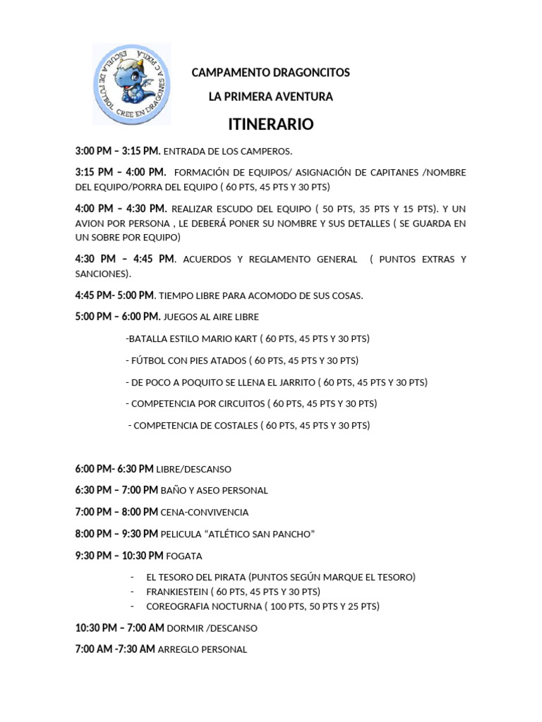 Itinerario Campamento Dragoncitos | PDF