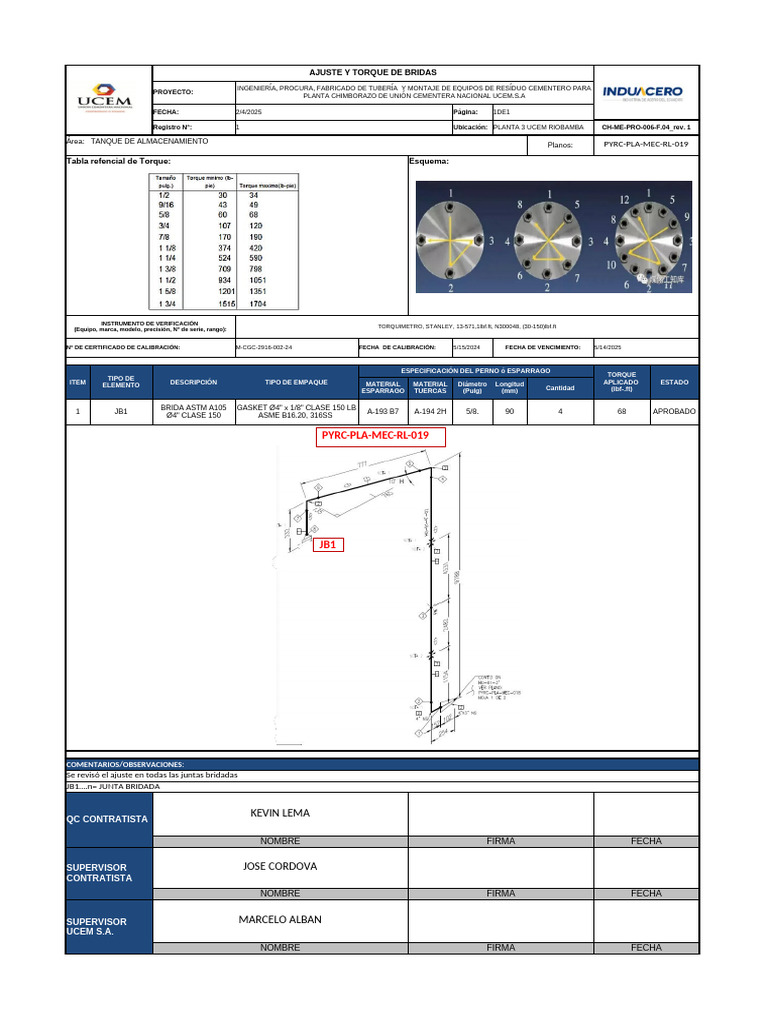 Ajuste y Torque de Bridas en Planta UCEM | PDF | Plomería