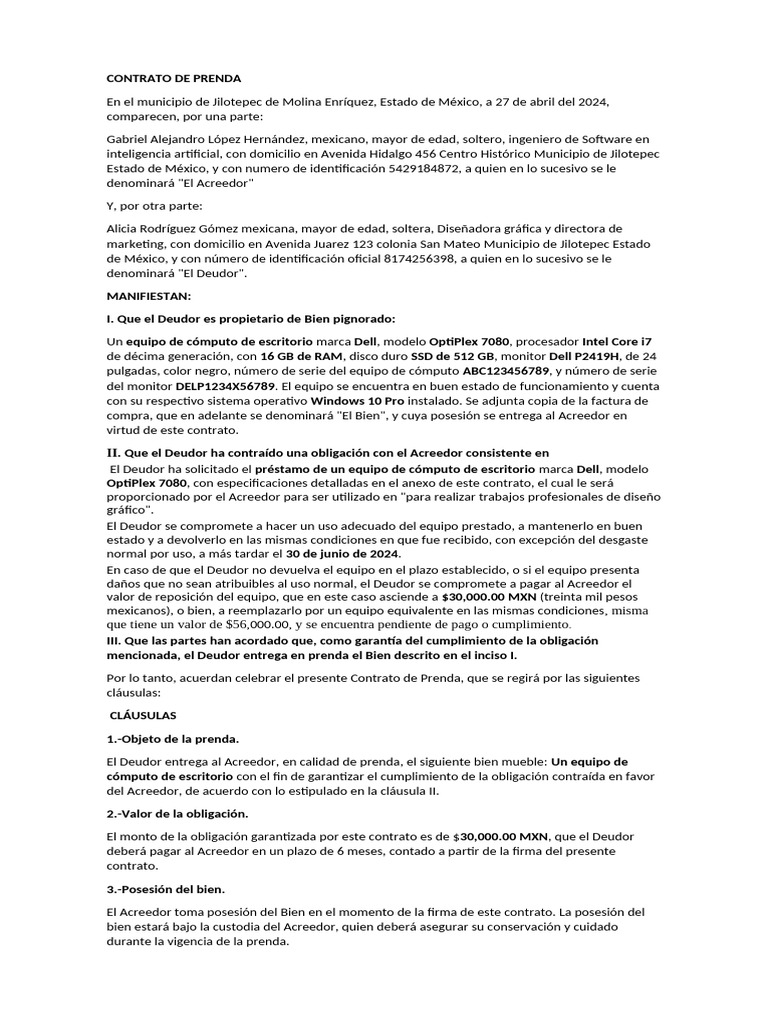 Contrato de Prenda | PDF | Pagos