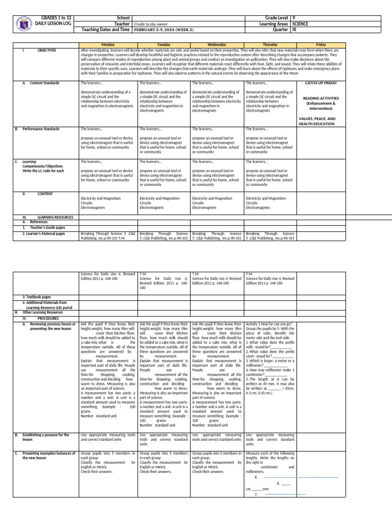 Grade 5 DLL SCIENCE 5 Q3 Week 2 | PDF | Weight | Mass