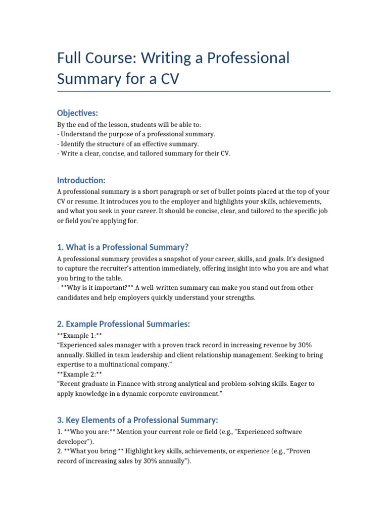 Crafting a CV Professional Summary | PDF | Peer Review | Recruitment