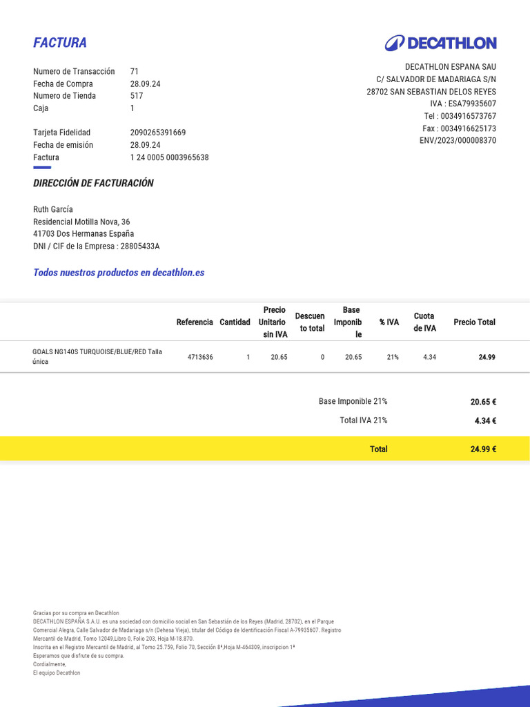Factura de Compra en Decathlon España | PDF