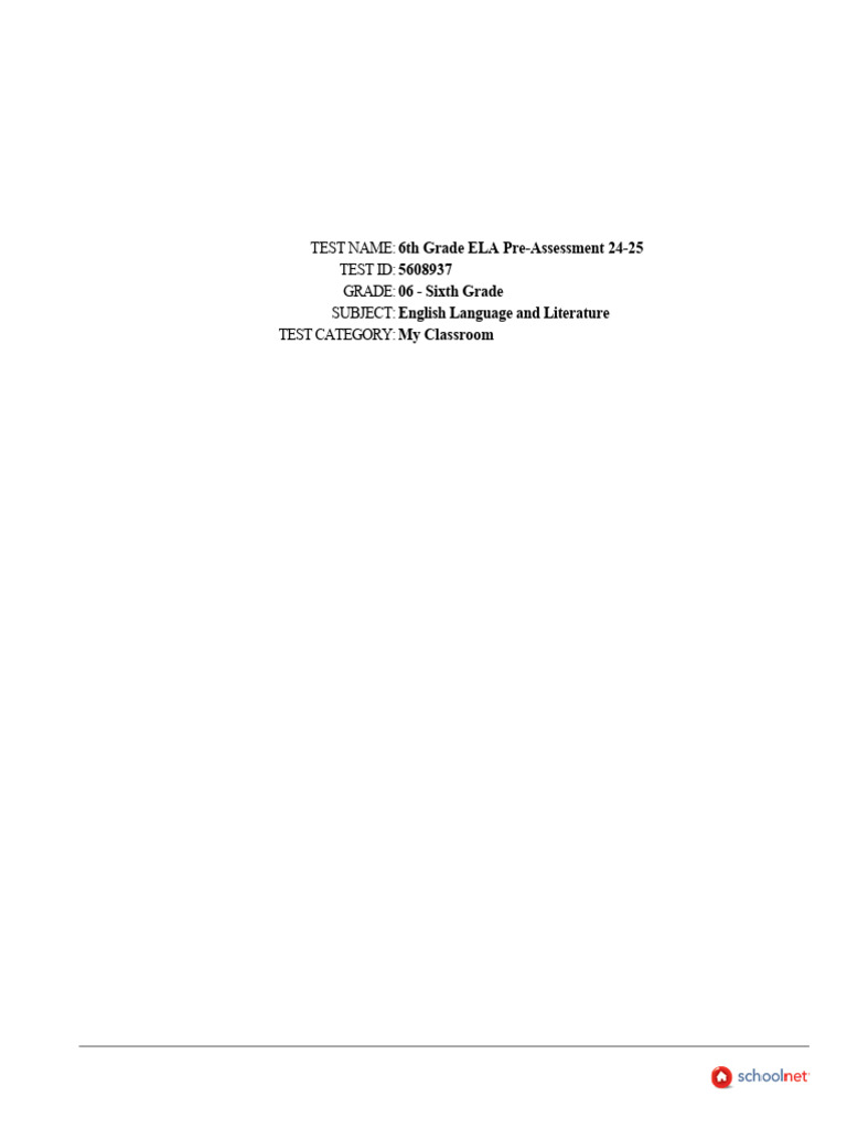 6th Grade ELA Pre-Assessment | PDF | Planets | Saturn