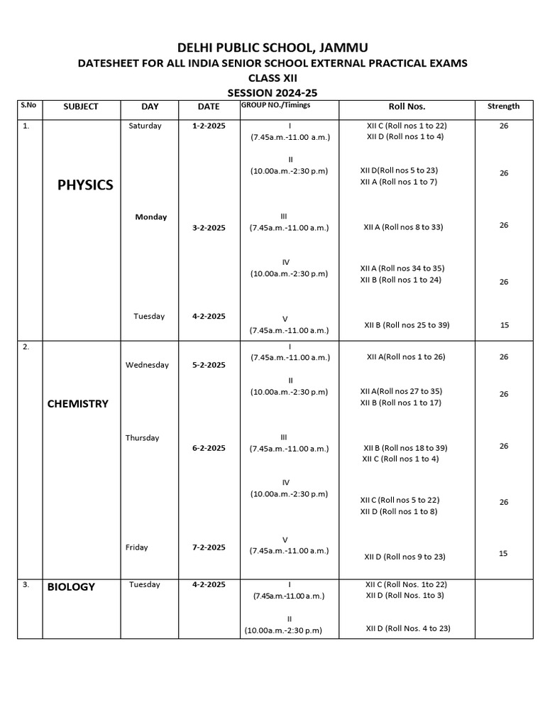 Date Sheet XII Practicals Boards | PDF