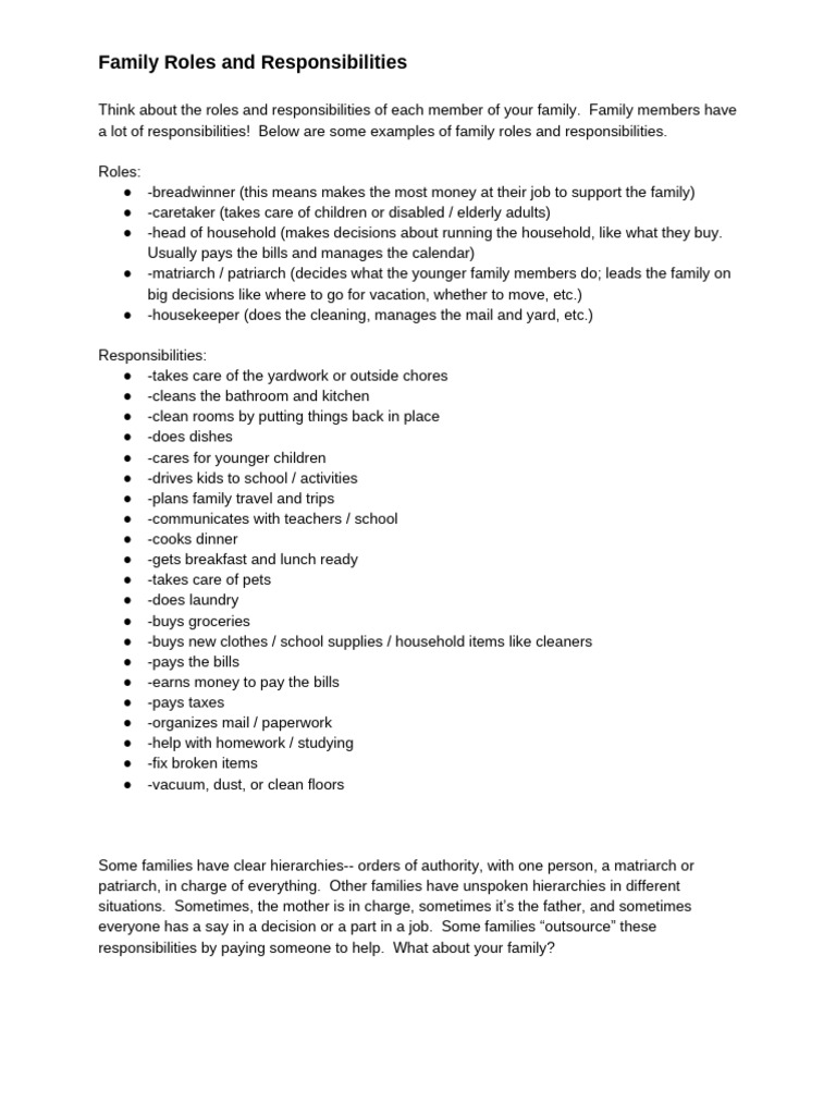 Family Roles and Responsibilities Conversation Topics Dialogs Writing ...