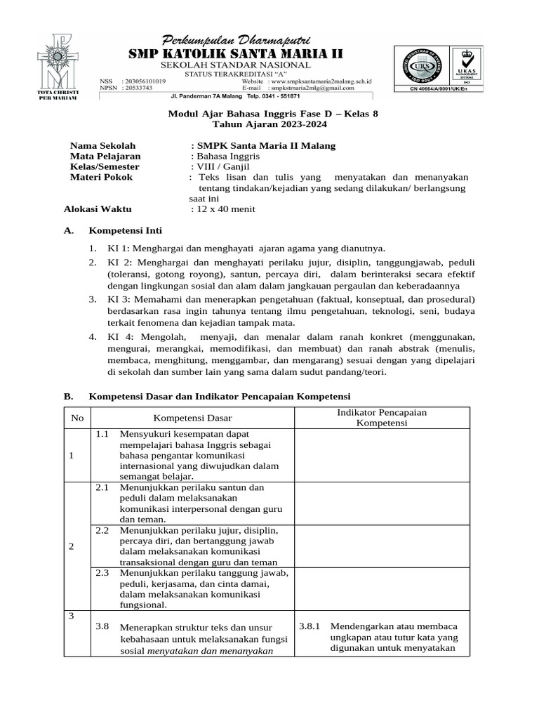 Modul Ajar Bahasa Inggris Kelas 8 Present Continuous | PDF