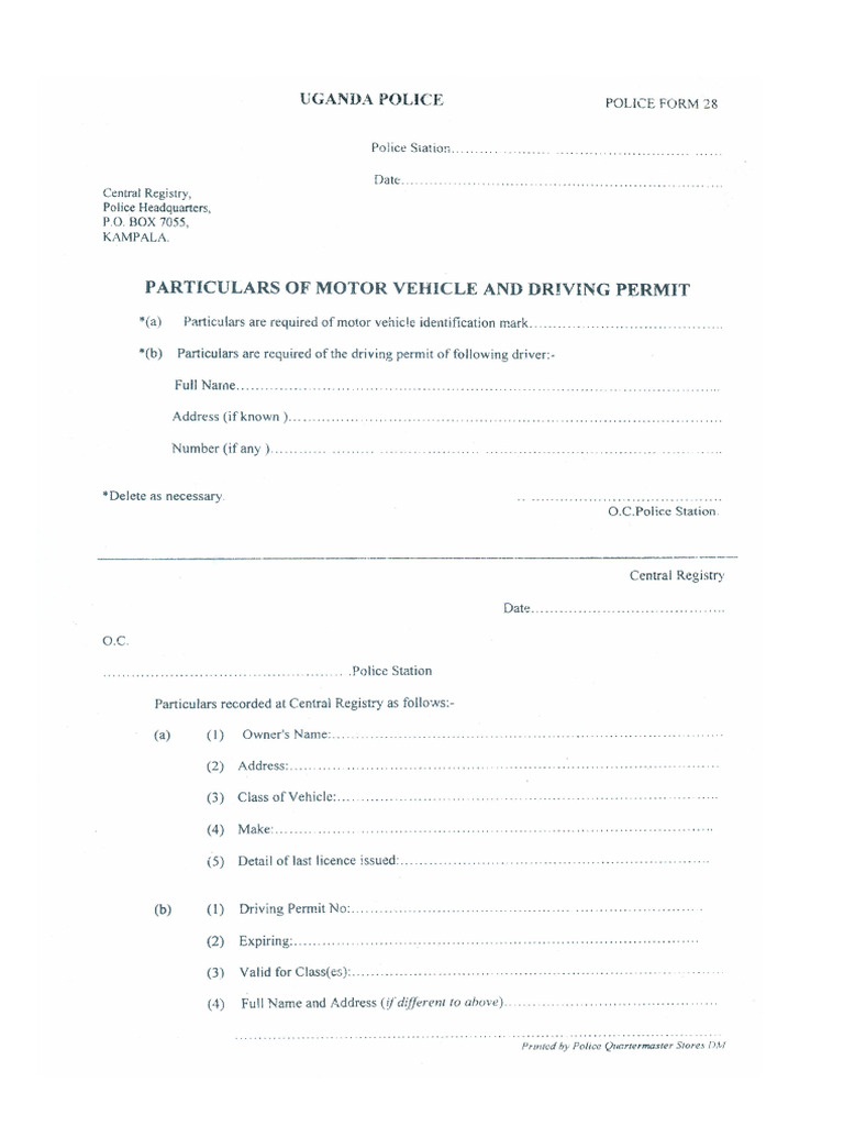 Particulars of Motor Vehicle and Driving Permit Police Form 28 | PDF