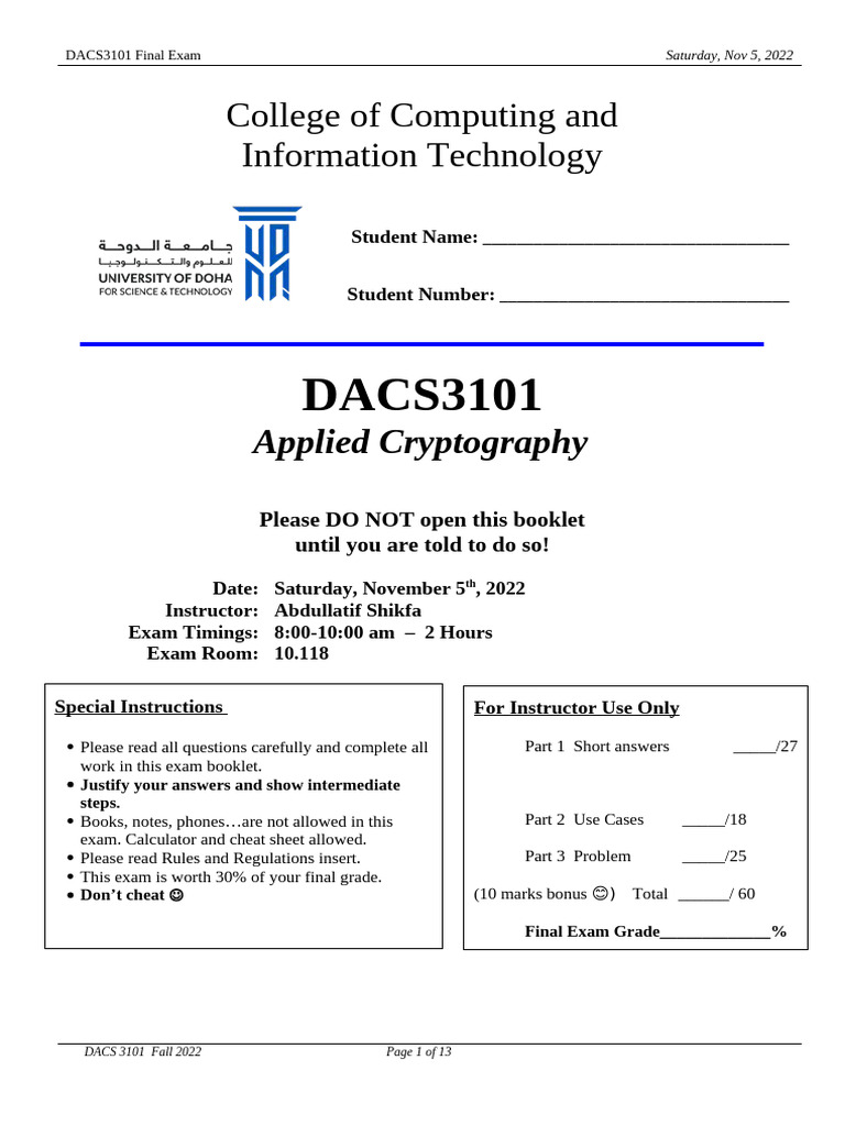F22-Final Exam DACS 3101 - A | PDF | Encryption | Applied Mathematics