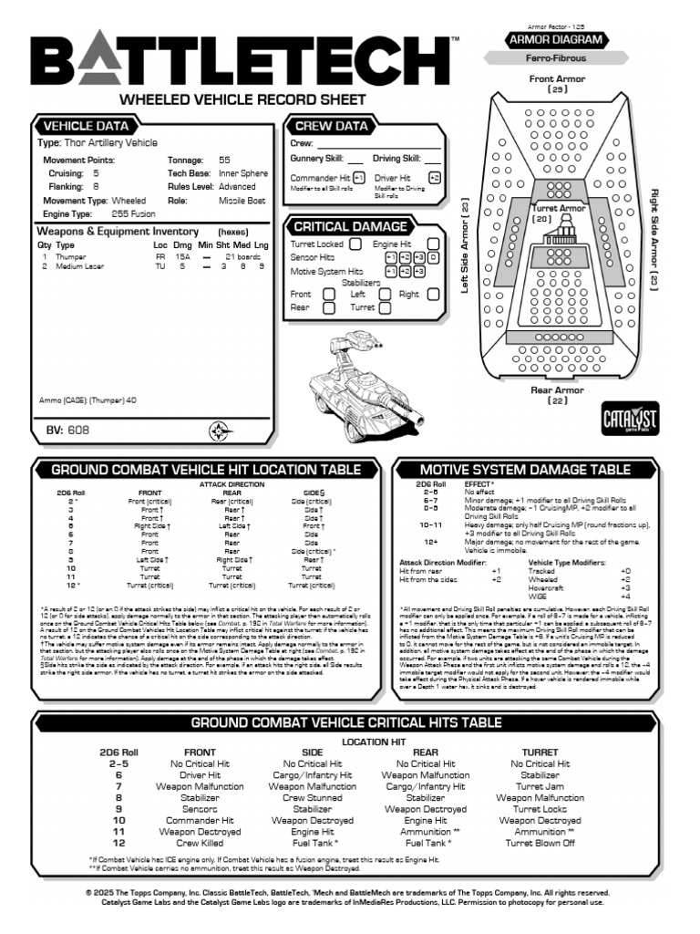 Thor Artillery Vehicle | PDF | Battle Tech | Warfare