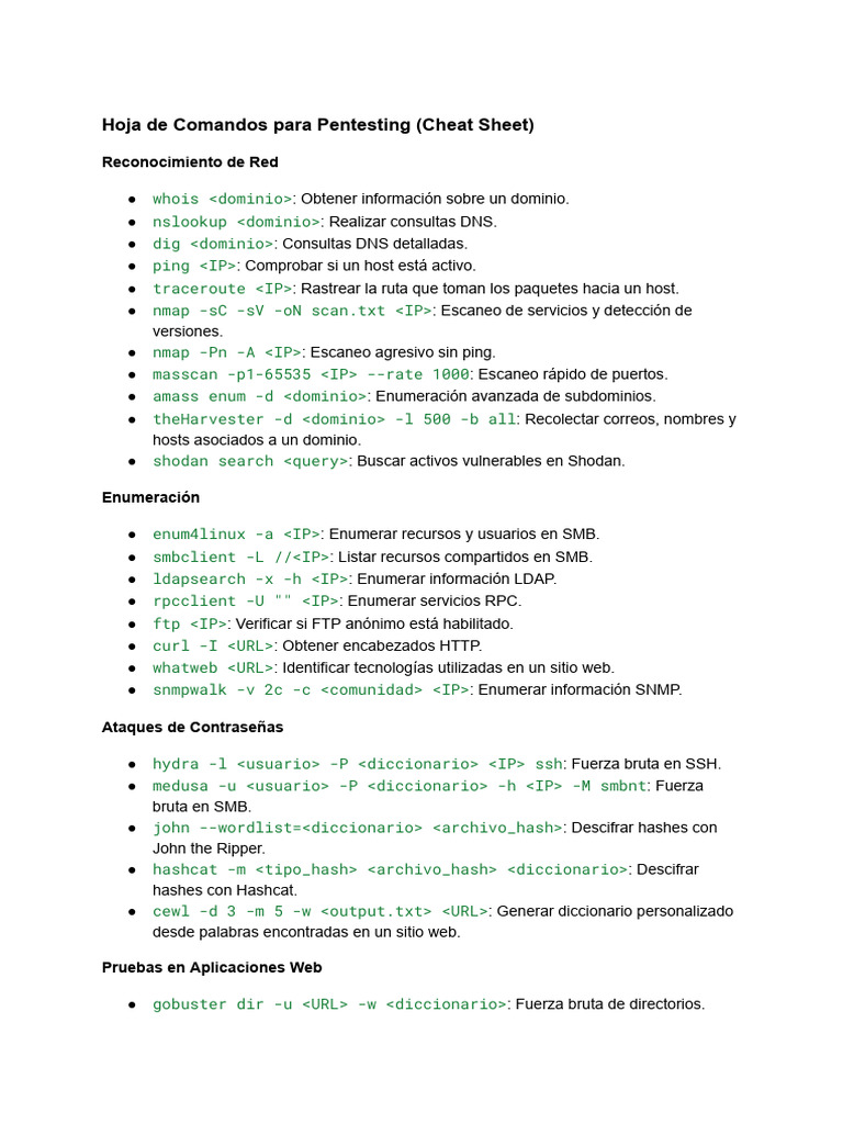 Hoja de Comandos para Pentesting (Cheat Sheet) | PDF | Explotar ...