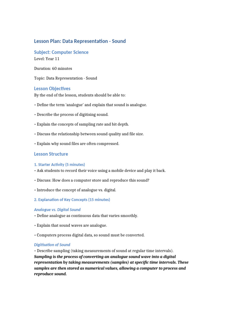 Lesson Plan Data Representation Sound | PDF | Data Compression | Sound