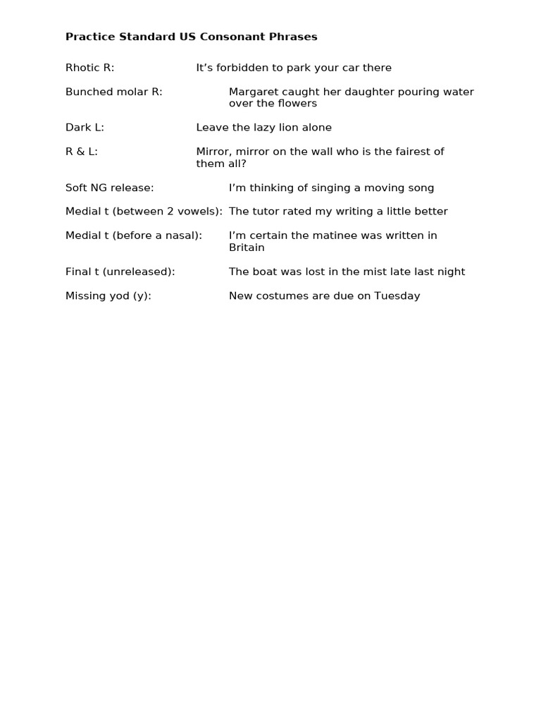 US Consonant Phrase Practice Guide | PDF
