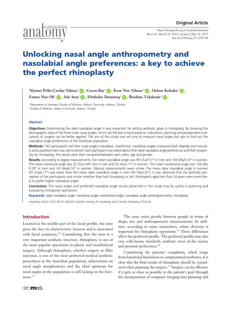 Unlocking Nasal Angle Anthropometry and Nasolabial Angle Preferences ...