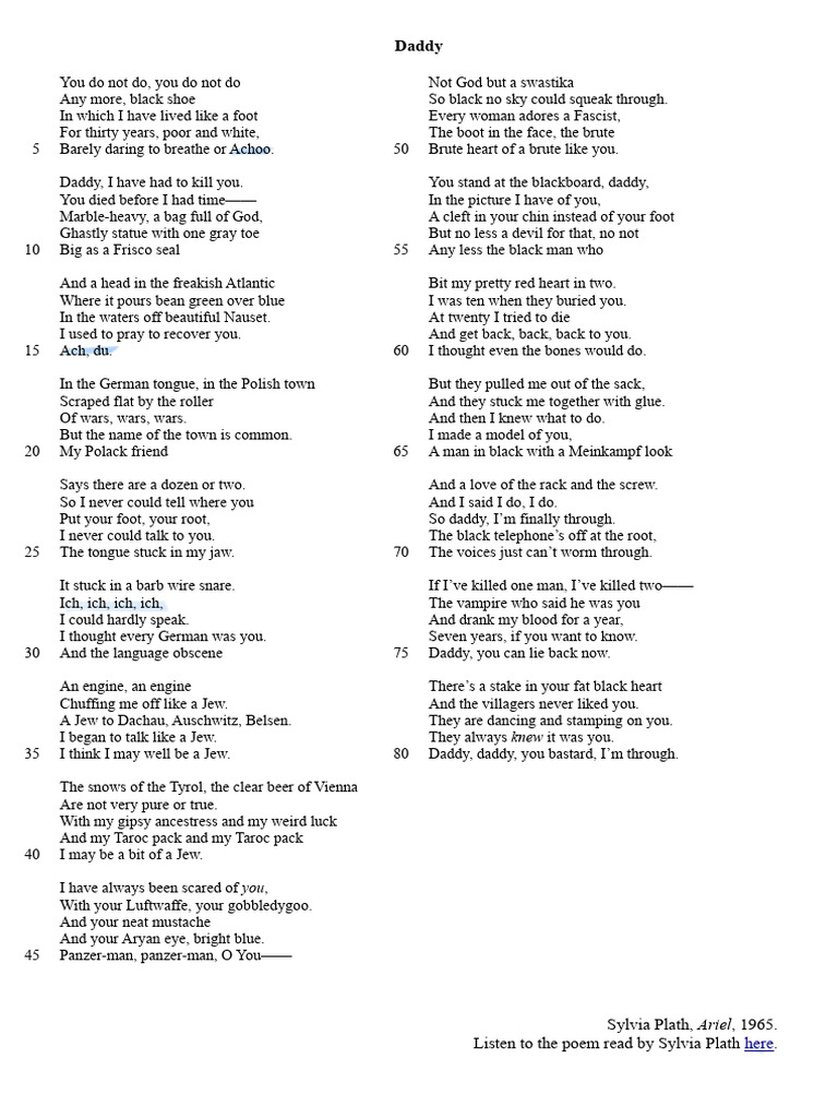 Khôlle 6-8 Janvier - Poetry - Daddy - Sylvia Plath | PDF