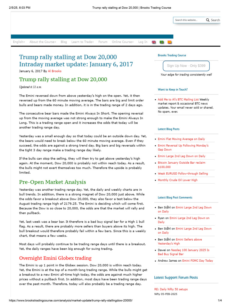Trump Rally Stalling at Dow 20,000 - Brooks Trading Course | PDF | Day ...