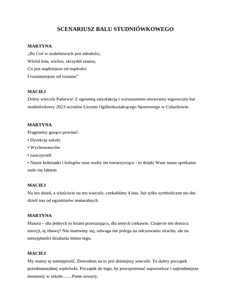 Scenariusz Studniówkowy | PDF