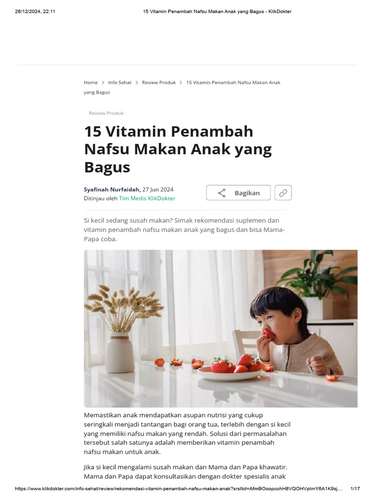 15 Vitamin Penambah Nafsu Makan Anak Yang Bagus - KlikDokter | PDF
