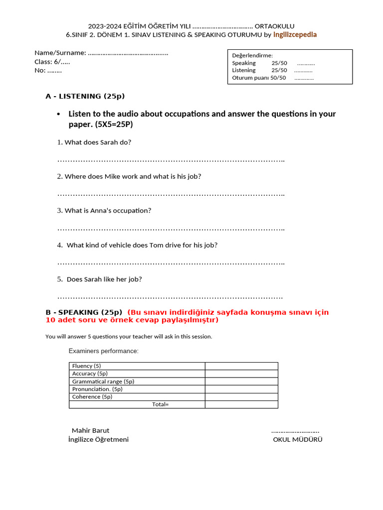 6th Grade Listening & Speaking Exam | PDF