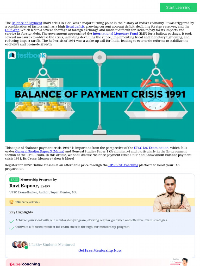 Balance of Payment Crisis, 1991 - Know Its Causes, Effects & More | PDF