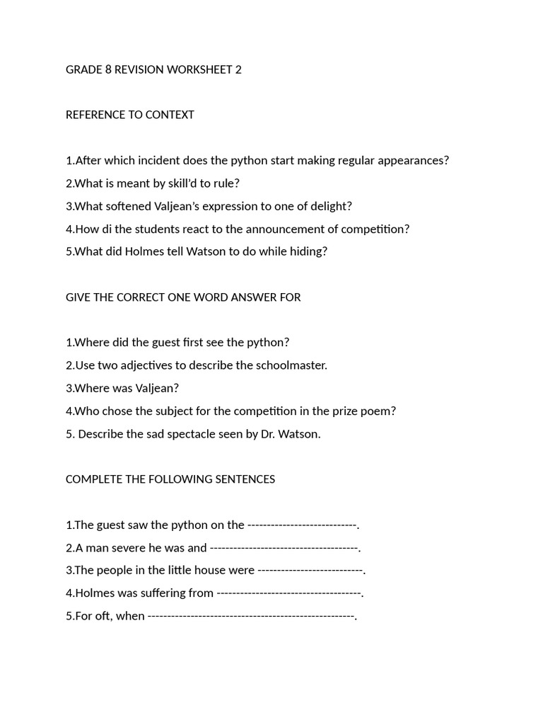 Grade 8 Revision Worksheet 2 - Ic257289 | PDF