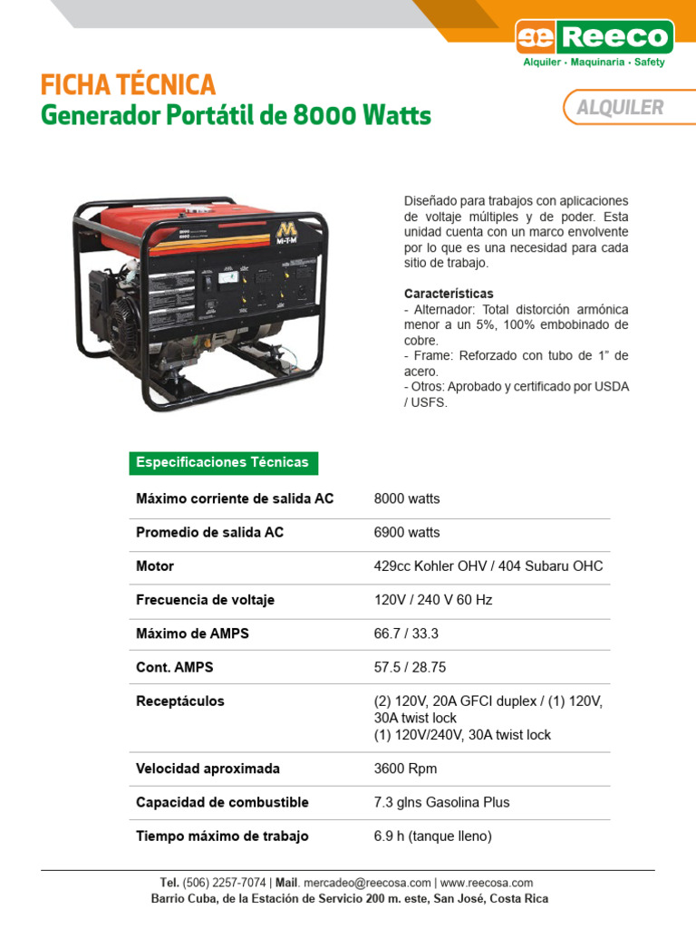 Generador Portátil de 8000 Watts: Ficha Técnica | PDF | Generador eléctrico | Electricidad