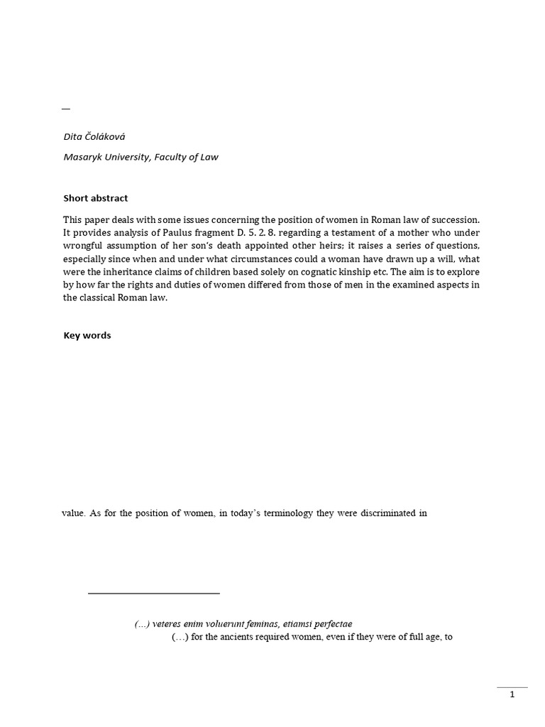 Čoláková Dita Rights and Duties of Women in Roman Law of Succession ...