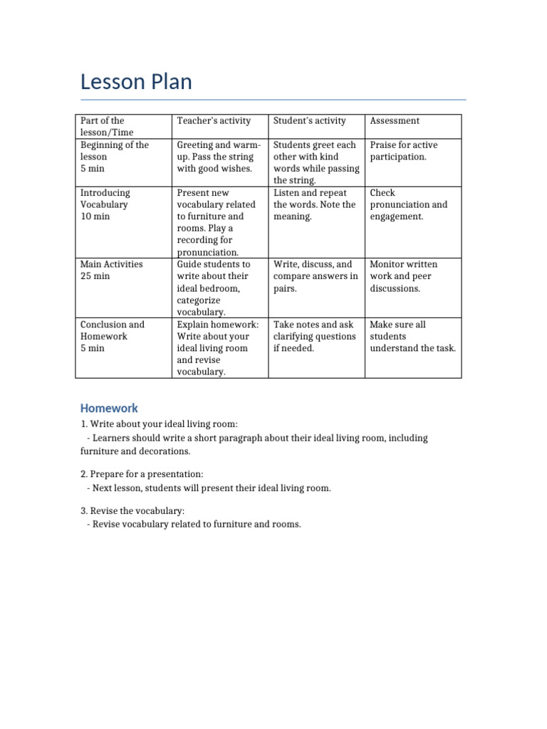 Ideal Bedroom Lesson Plan | PDF