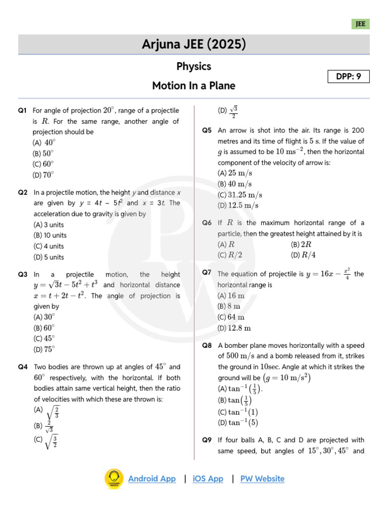 Motion in A Plane - DPP 09 (Of Lec 11) - Arjuna JEE 2025 | PDF | Mechanics | Physics