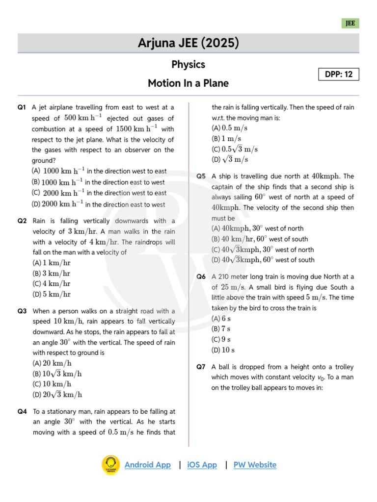 Motion in A Plane - DPP 12 (Of Lec 14) - Arjuna JEE 2025 | PDF | Speed | Physics