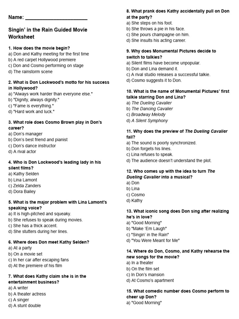 Singin' in the Rain Movie Worksheet | PDF