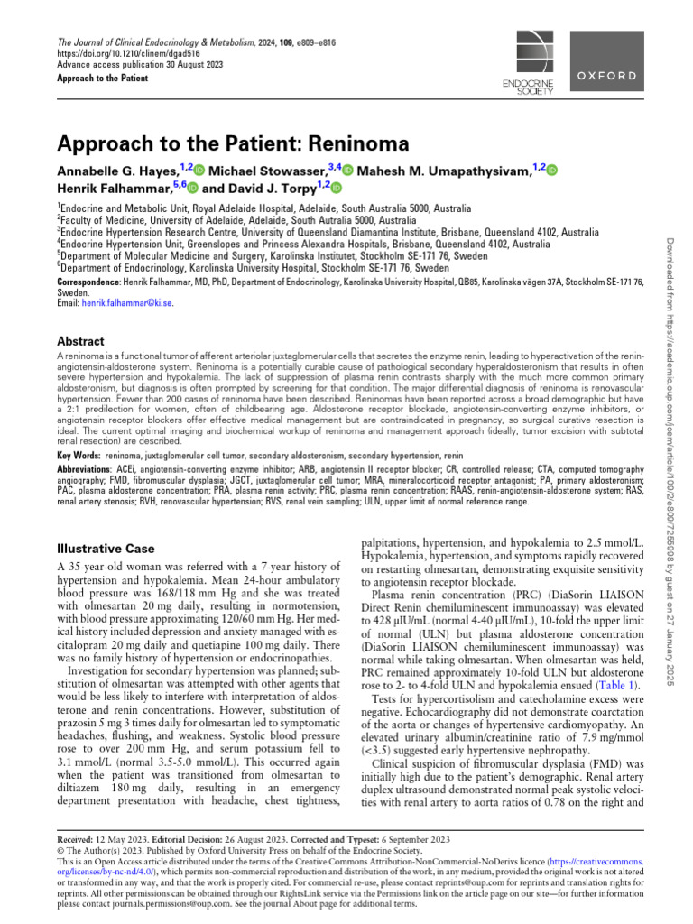 Approach To The Patient: Reninoma | PDF | Hypertension | Diseases And ...