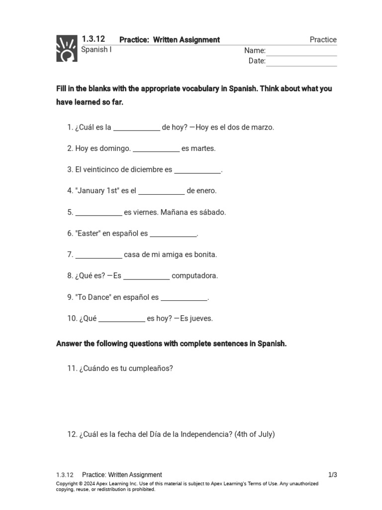 Spanish I Written Assignment Guide | PDF