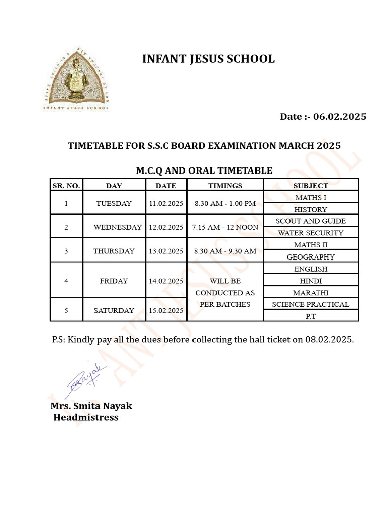 Exam Time Table For S.S.C Board Exam Mar - 2025 MCQ and Oral Timetable ...