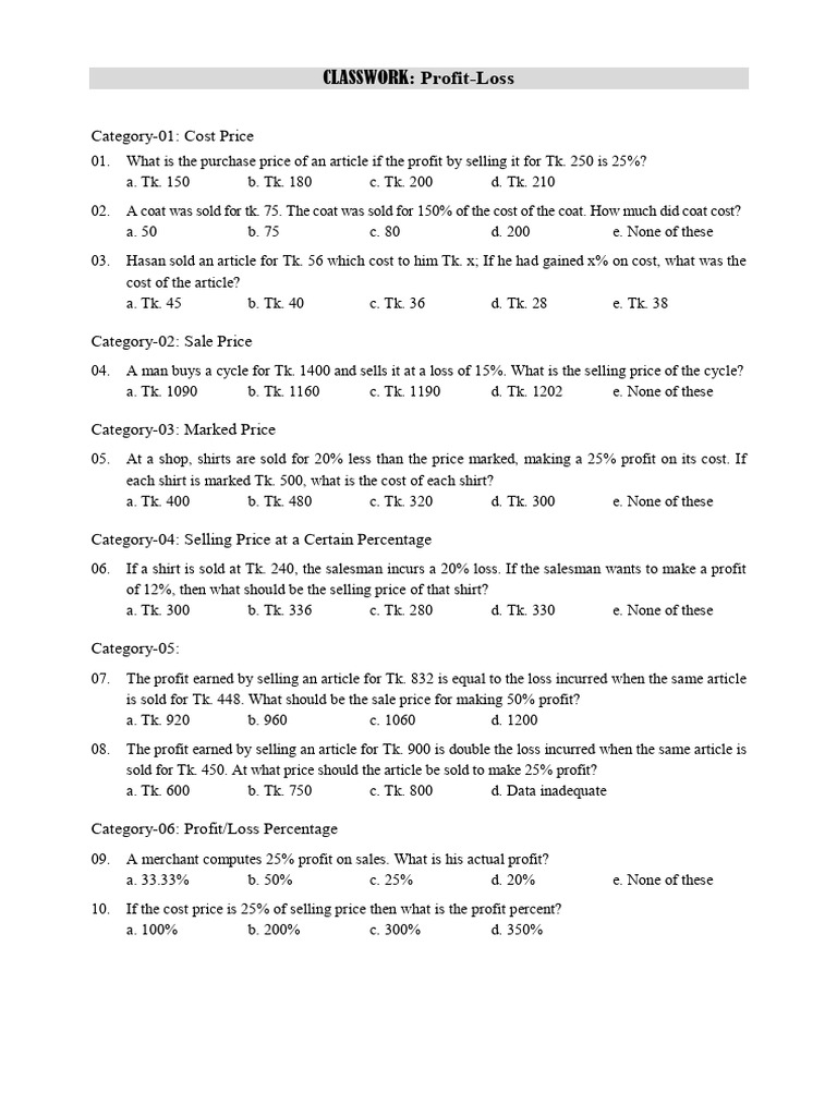 Profit and Loss Calculations Guide | PDF | Profit (Economics) | Prices