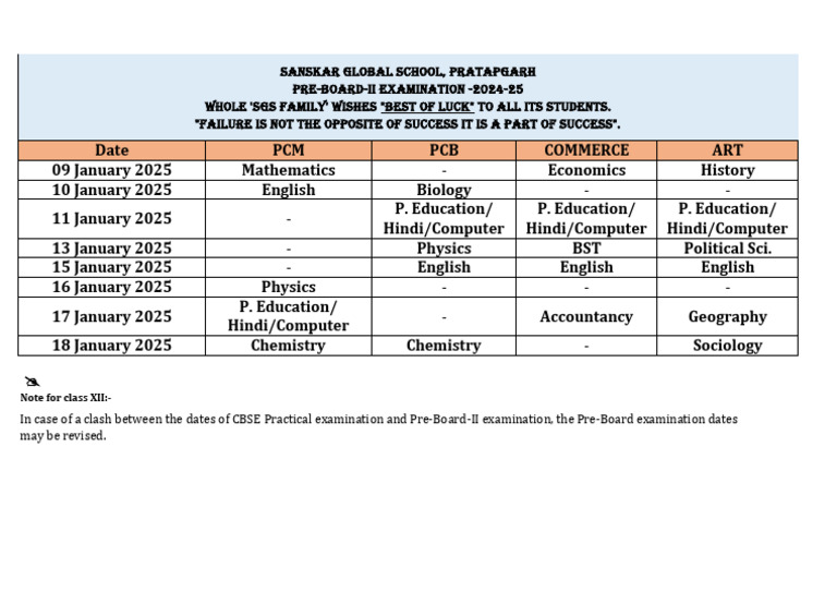 Date Sheet Pre Board II | PDF