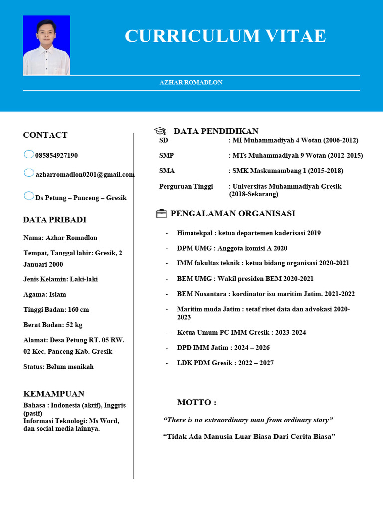 CV Azhar Romadlon: Profil & Pengalaman Organisasi | PDF