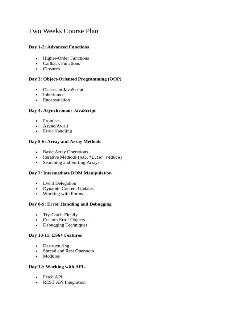 Two-Week JavaScript Course Plan | PDF